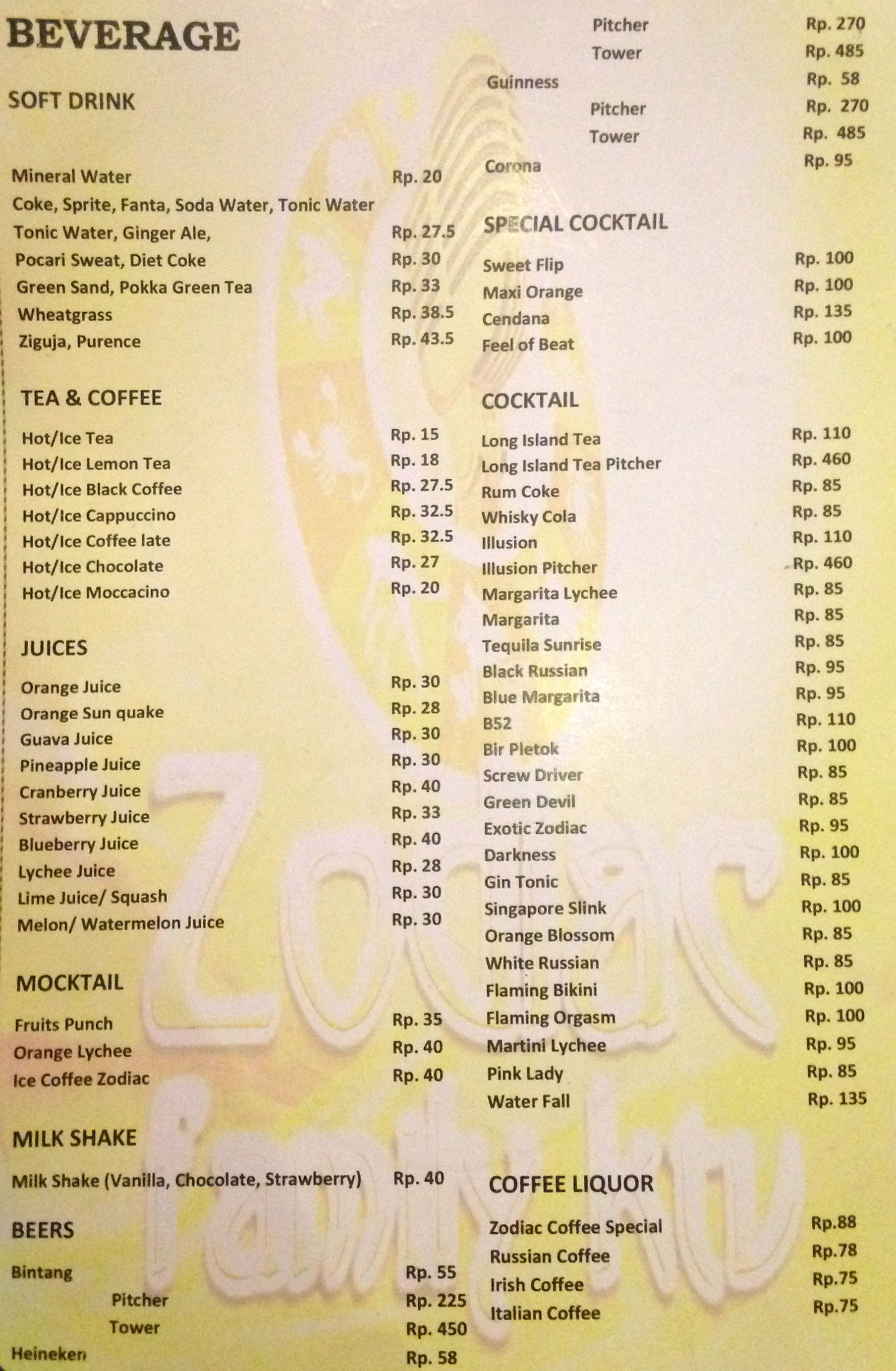 Zodiac cafe menu - Zodiacstock.com